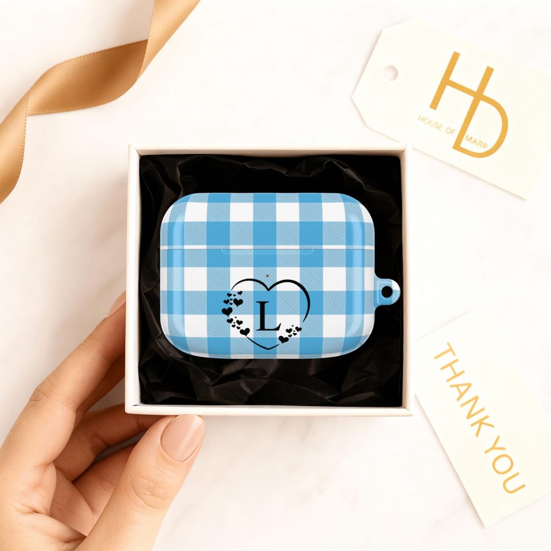 Personalized Blue Gingham Airpods Case, Custom Monogram Plaid Earbuds ...