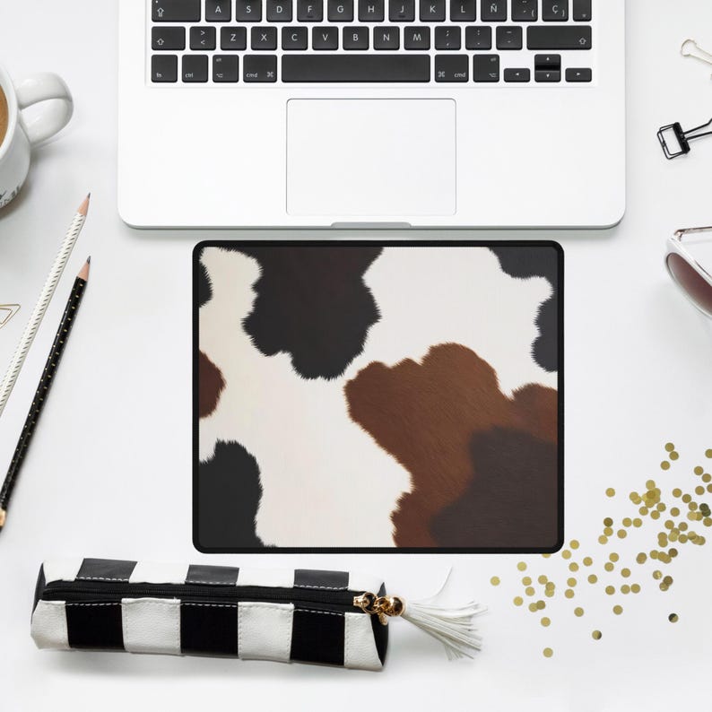 Personalized Cow Print Desk Mat, Custom Name Leather Patch Mouse Pad - Etsy