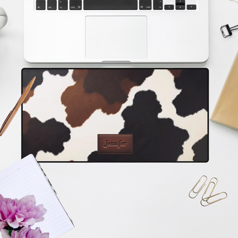 Personalized Cow Print Desk Mat, Custom Name Leather Patch Mouse Pad - Etsy