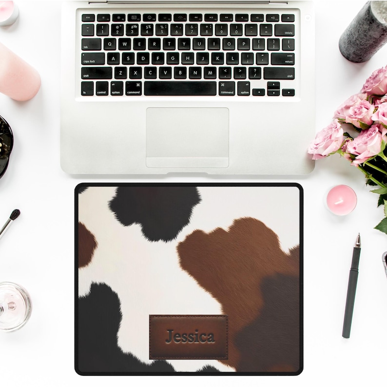Personalized Cow Print Desk Mat, Custom Name Leather Patch Mouse Pad - Etsy
