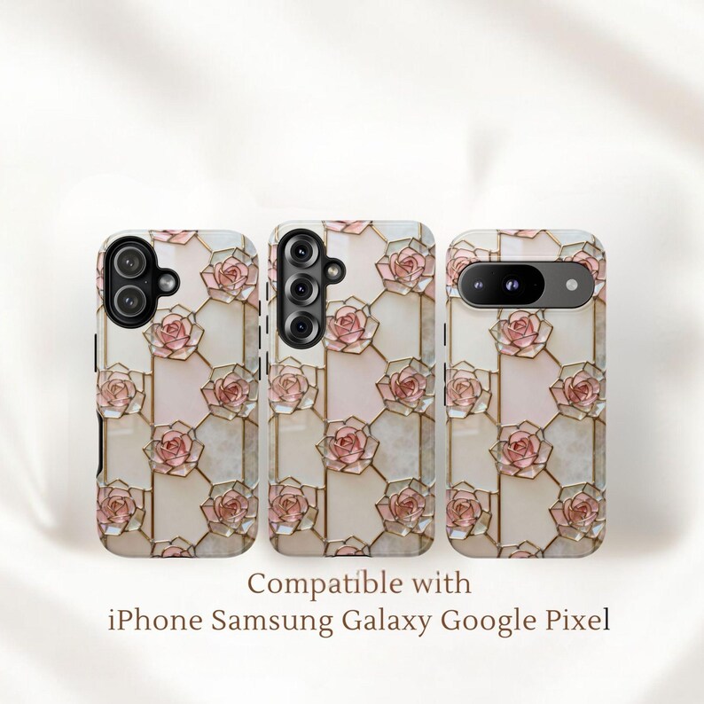 Pink Rose Stained Glass Phone Case, Elegant Floral Gold Mosaic Design ...