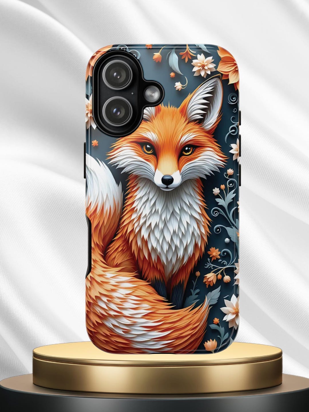 Fox iPhone Case, 3D Floral Fox Phone Cover, Orange Woodland Animal Art ...