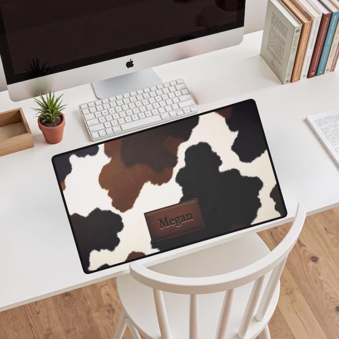 Personalized Cow Print Desk Mat, Custom Name Leather Patch Mouse Pad - Etsy