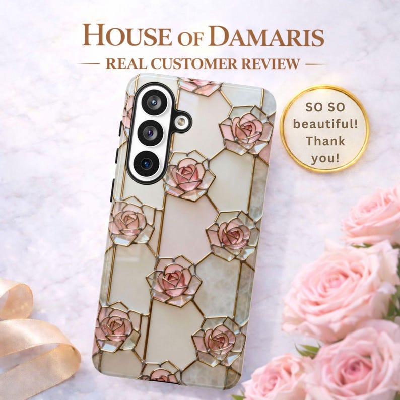 Pink Rose Stained Glass Phone Case, Elegant Floral Gold Mosaic Design ...