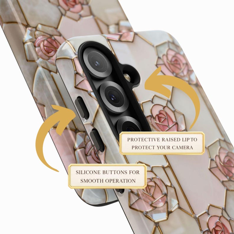 Pink Rose Stained Glass Phone Case, Elegant Floral Gold Mosaic Design ...