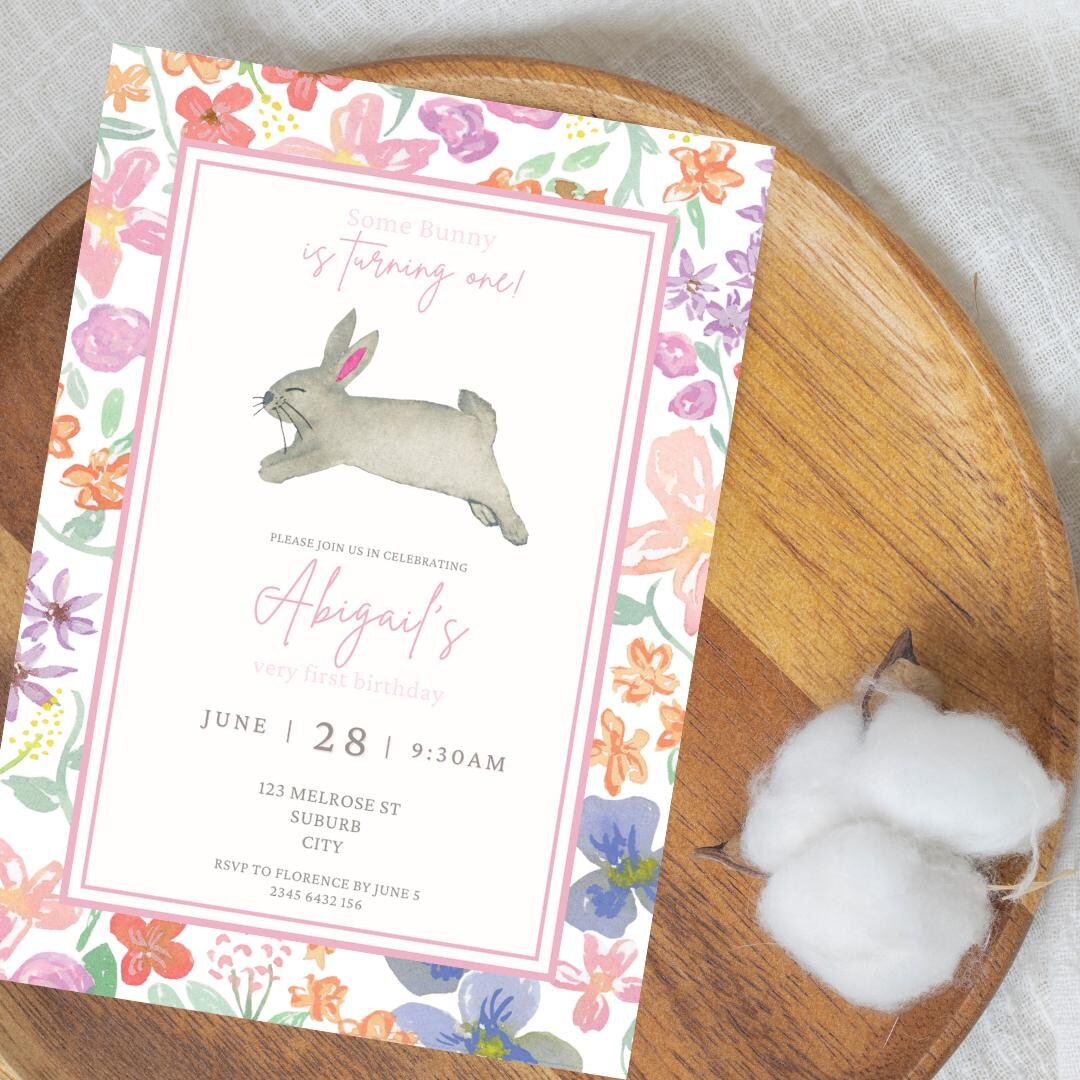 Hand-painted Editable Some Bunny First Birthday Invite, Floral Bunny ...