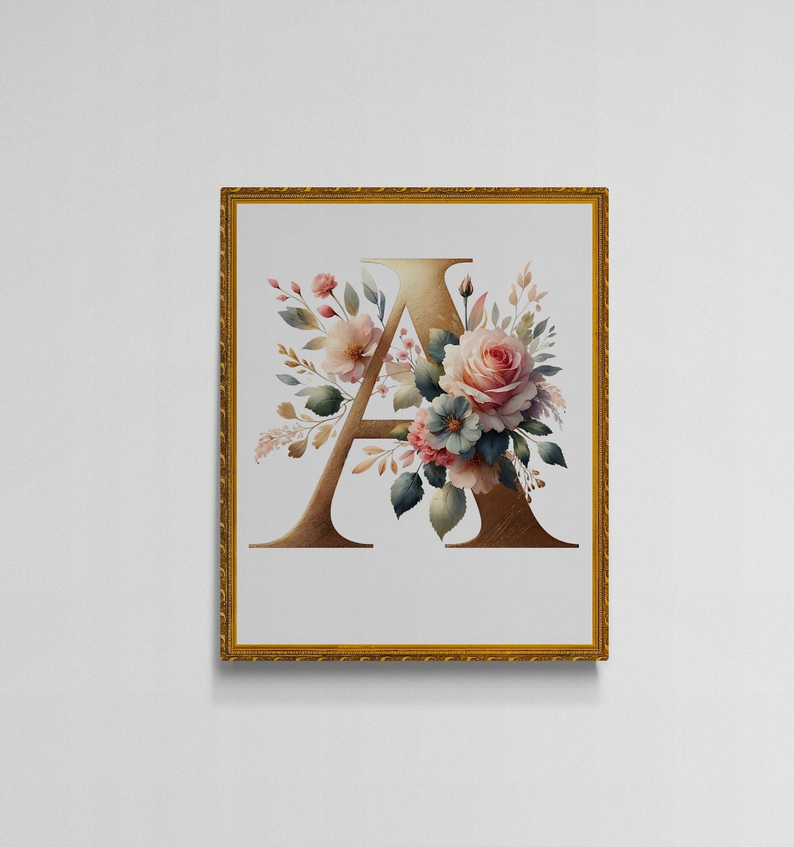 Floral Alphabet Letter A With Gold Foil and Blossoms Pink Roses, Cherry ...