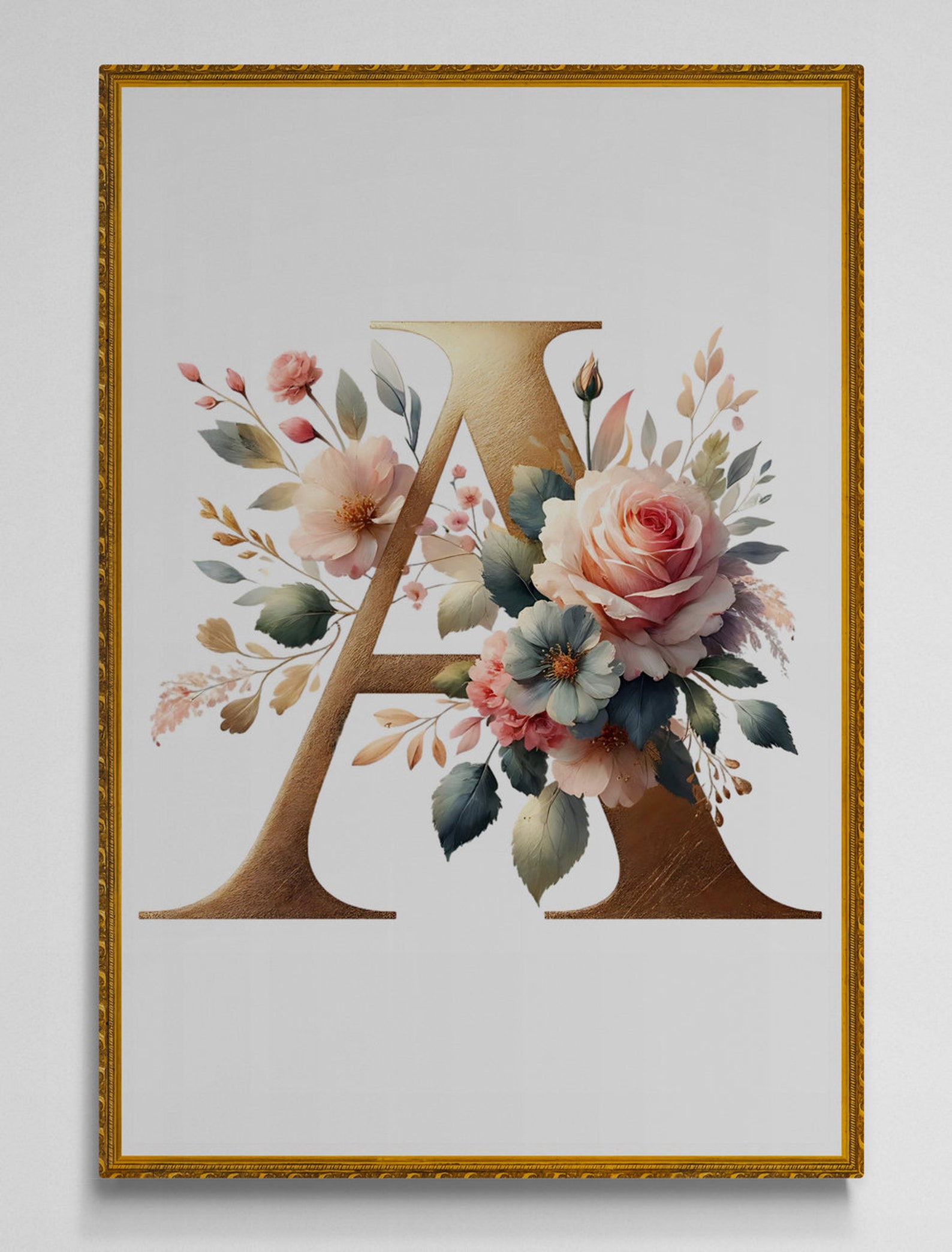 Floral Alphabet Letter A With Gold Foil and Blossoms Pink Roses, Cherry ...