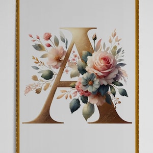 Floral Alphabet Letter A With Gold Foil and Blossoms Pink Roses, Cherry ...