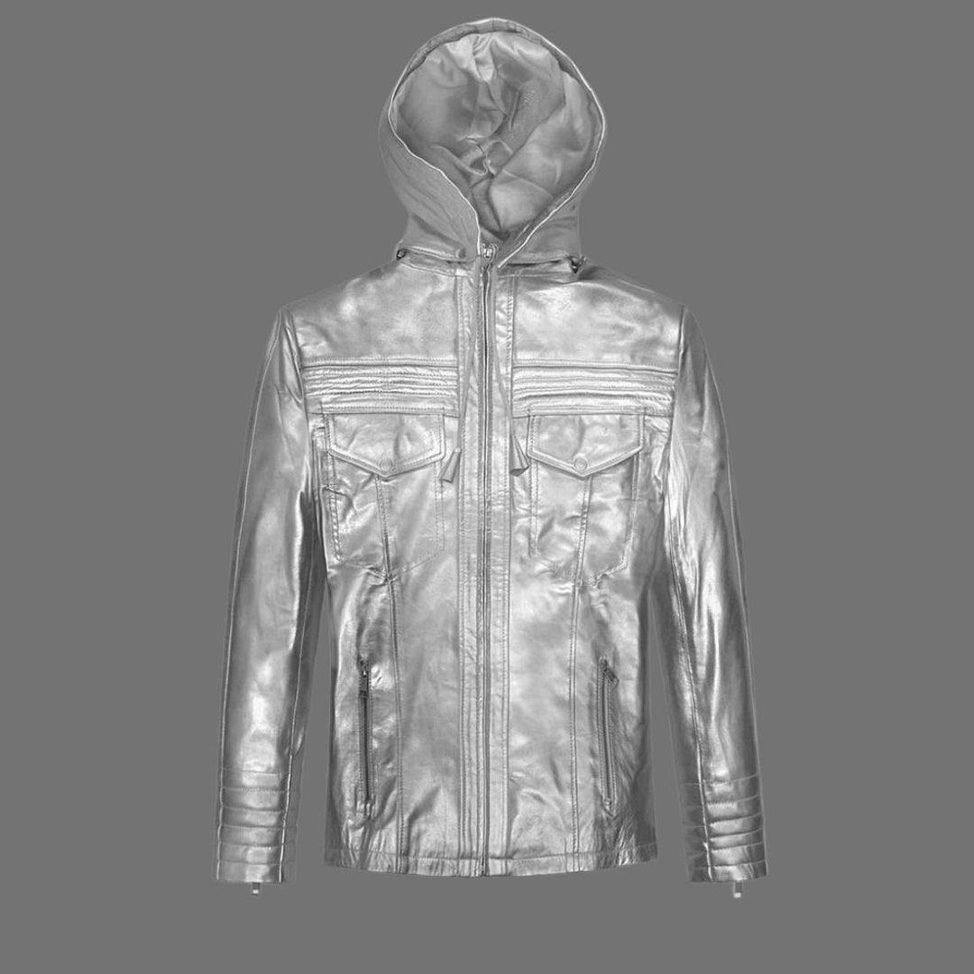 Metallic Silver Leather Jacket Men, Hooded Fashion Bomber - Etsy