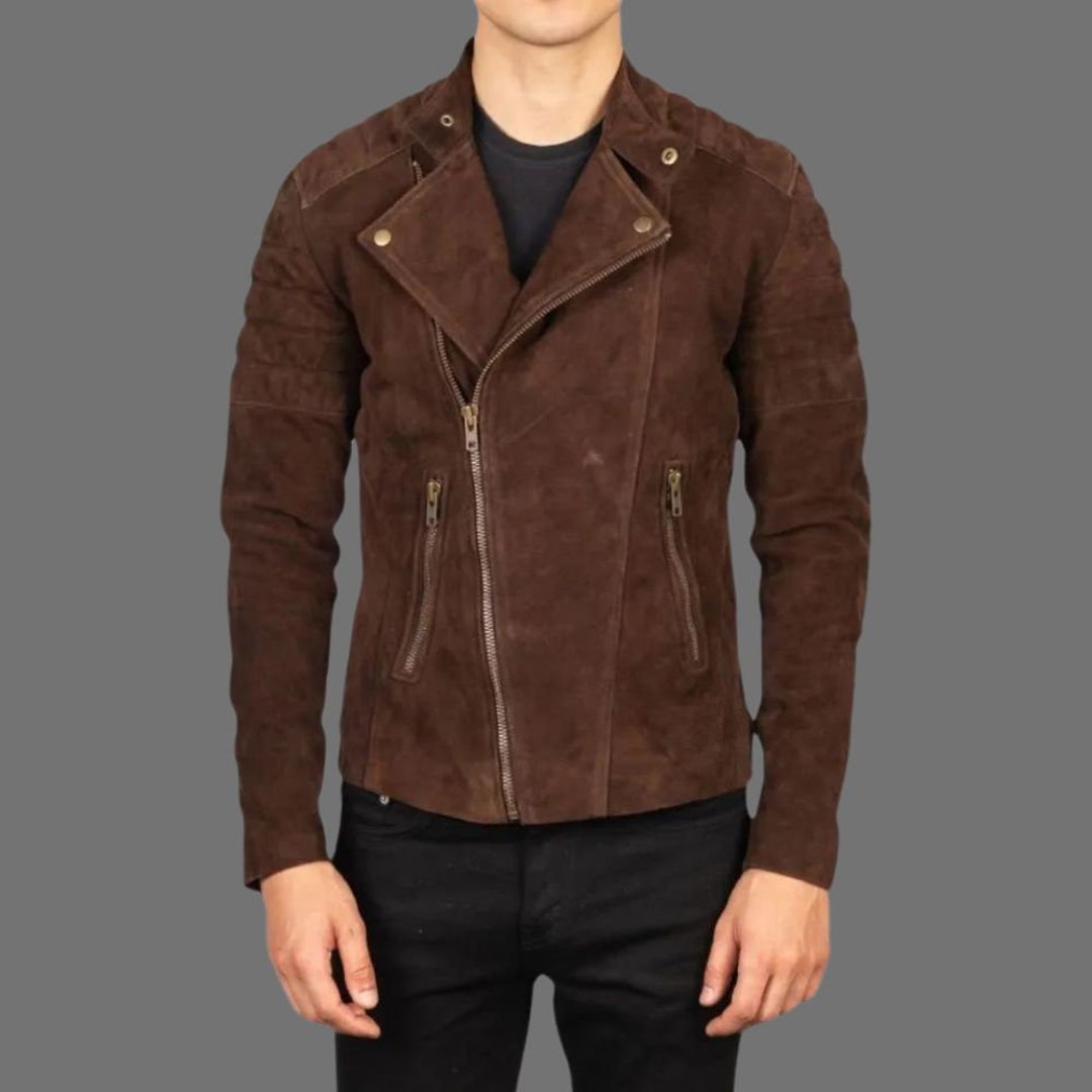 Brown Suede Leather Biker Jacket for Men, Mens Suede Motorcycle Jacket ...