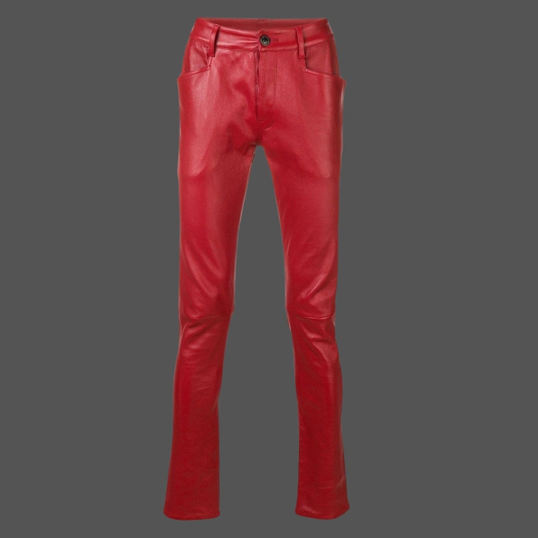 Mens Skinny Red Leather Pants, Vintage High Rise Motorcycle Pants for ...
