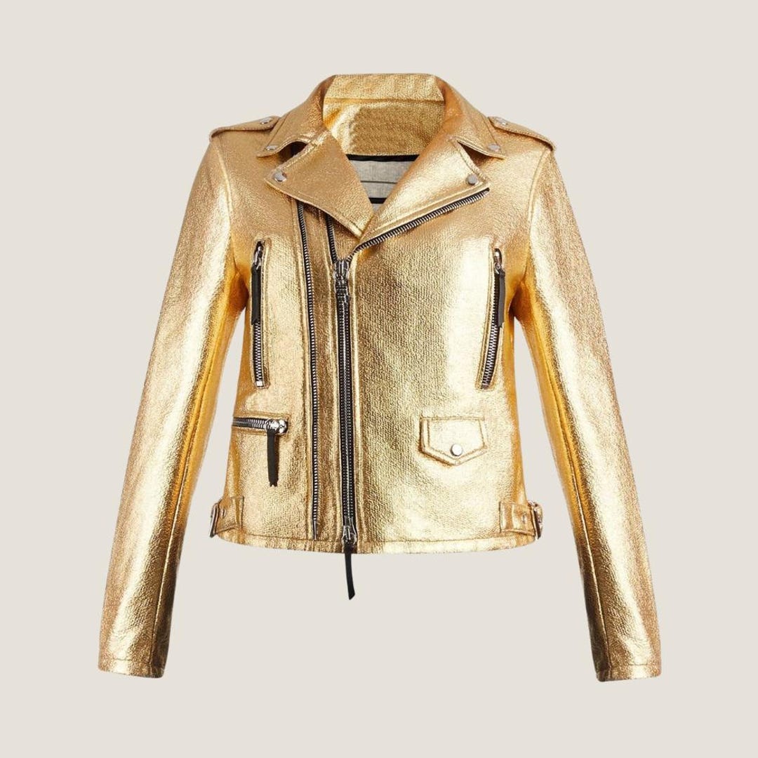 Gold Metallic Leather Biker Jacket - Cropped Asymmetrical Fashion - Etsy