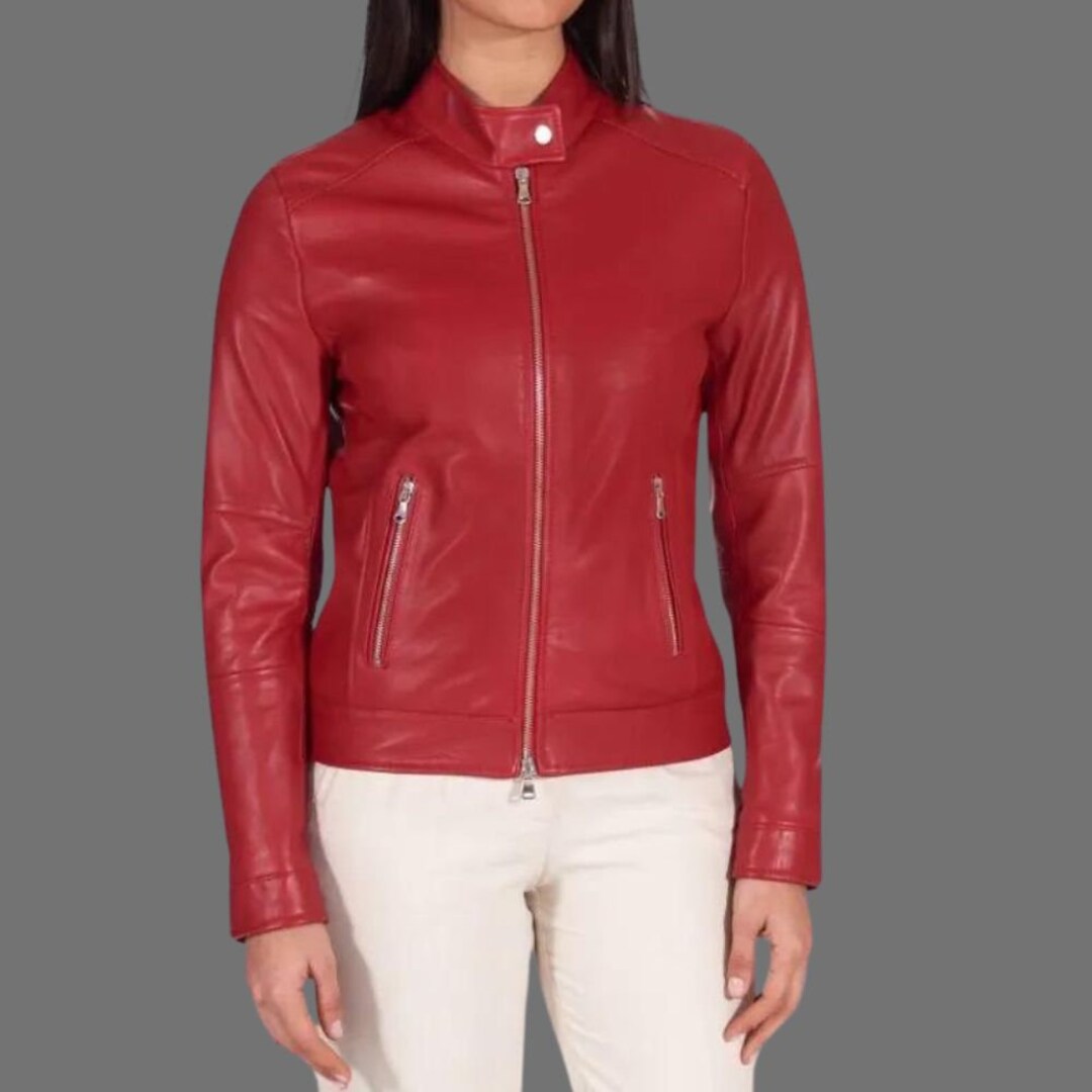 Red Leather Jacket Women, Motorcycle Style Short Leather Jacket Women ...