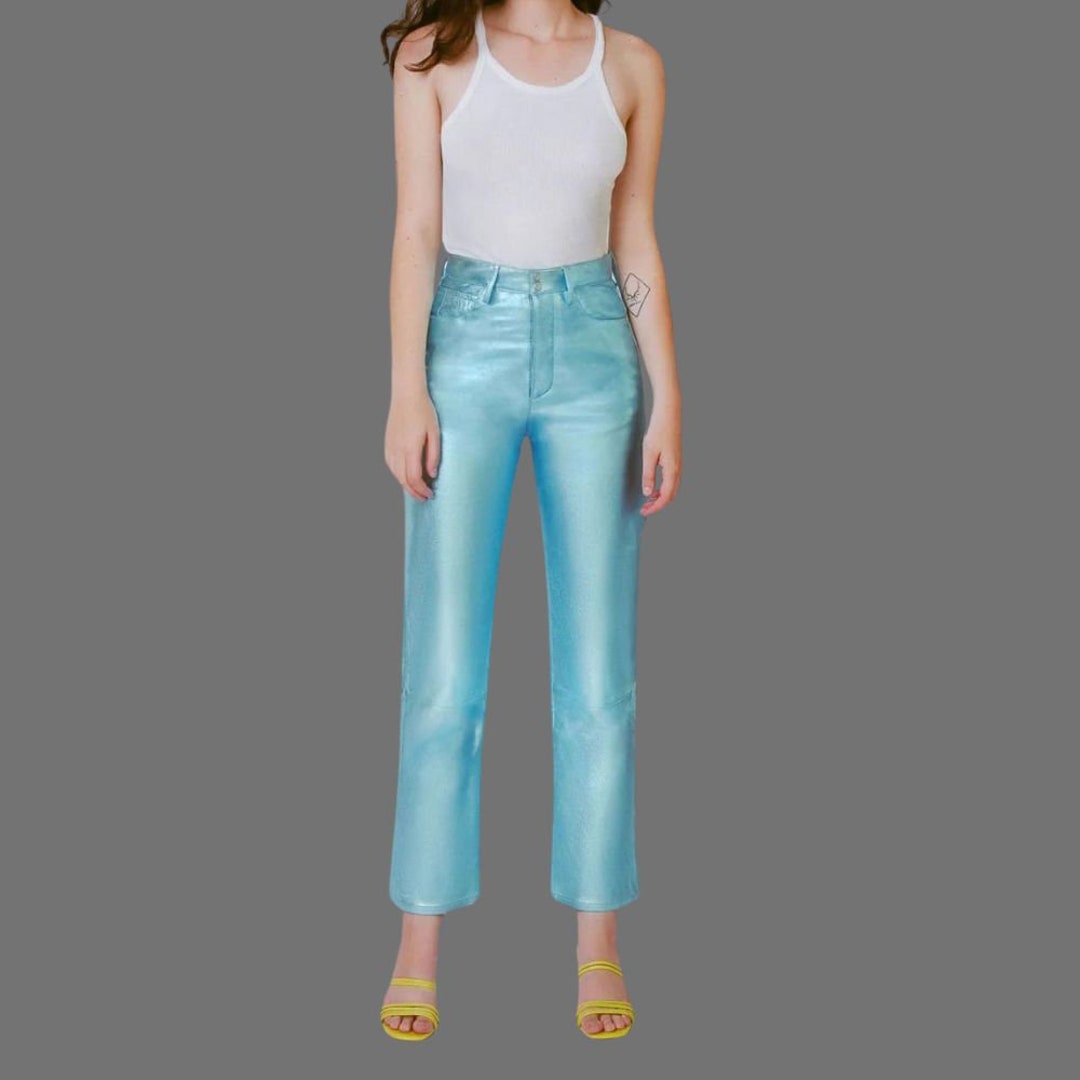 Handmade Metallic Blue Sheepskin Leather Flared Pants - Etsy