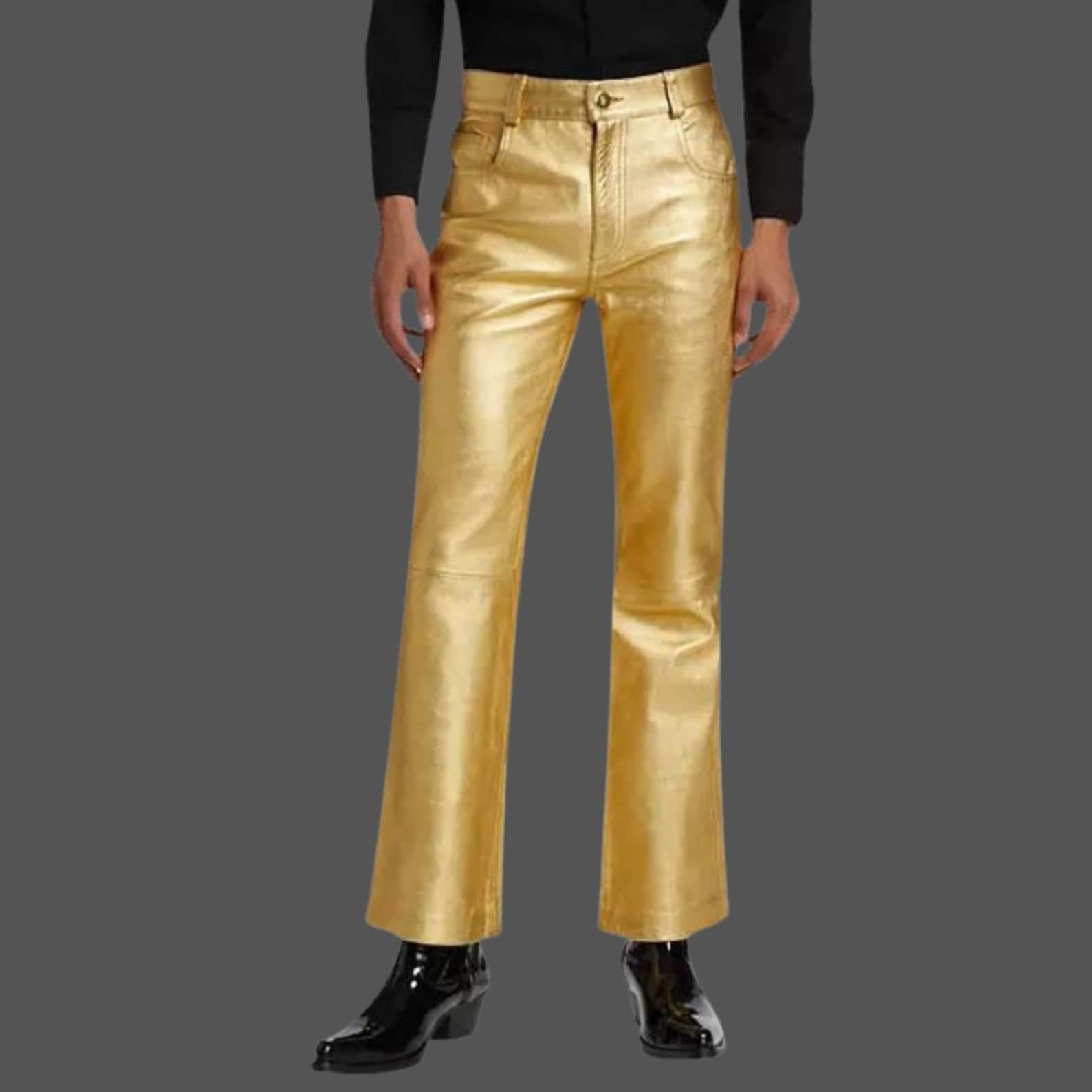 Metallic Gold Leather Pants Men, Mens High Rise Pants, Metallic Leather ...