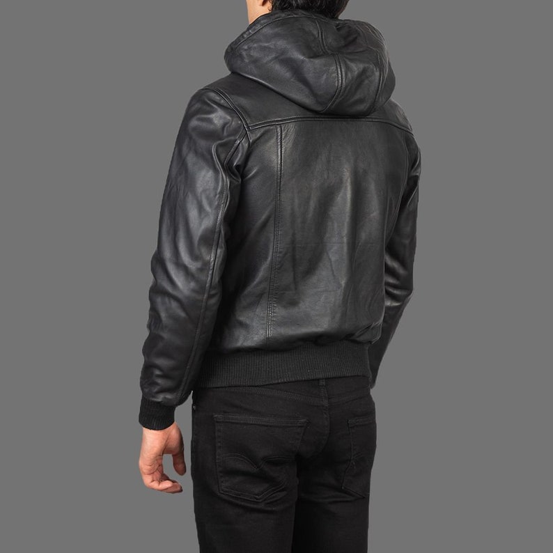 Black Leather Hooded Motorcycle Jacket Mens, Handmade Mens Leather ...