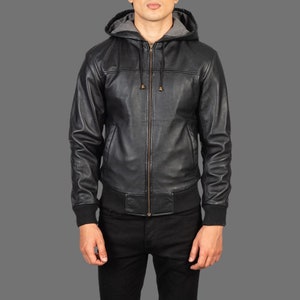 Black Leather Hooded Motorcycle Jacket Mens, Handmade Mens Leather ...