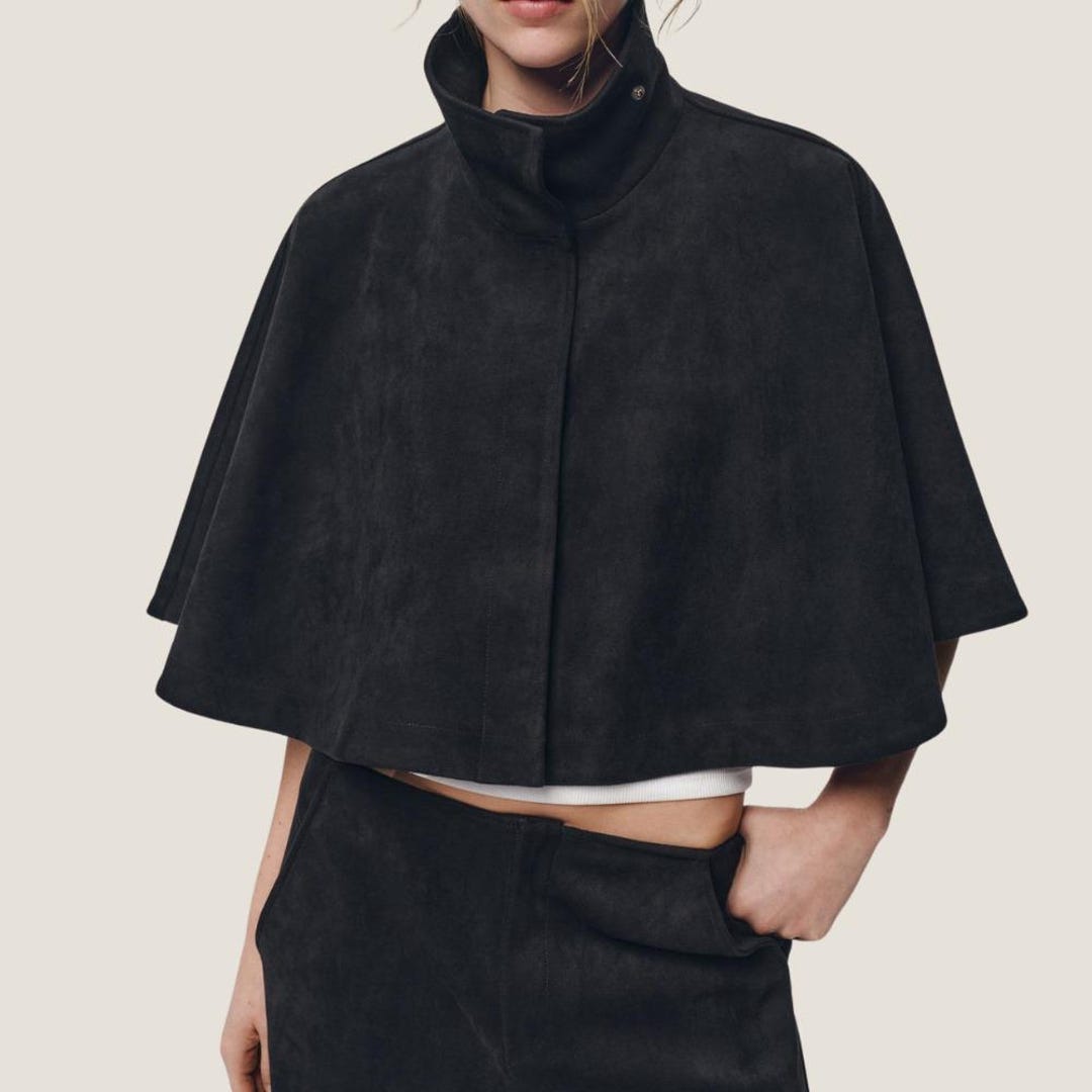 Black Suede Cape Women High Neck Handmade Outerwear With Satin Lining ...