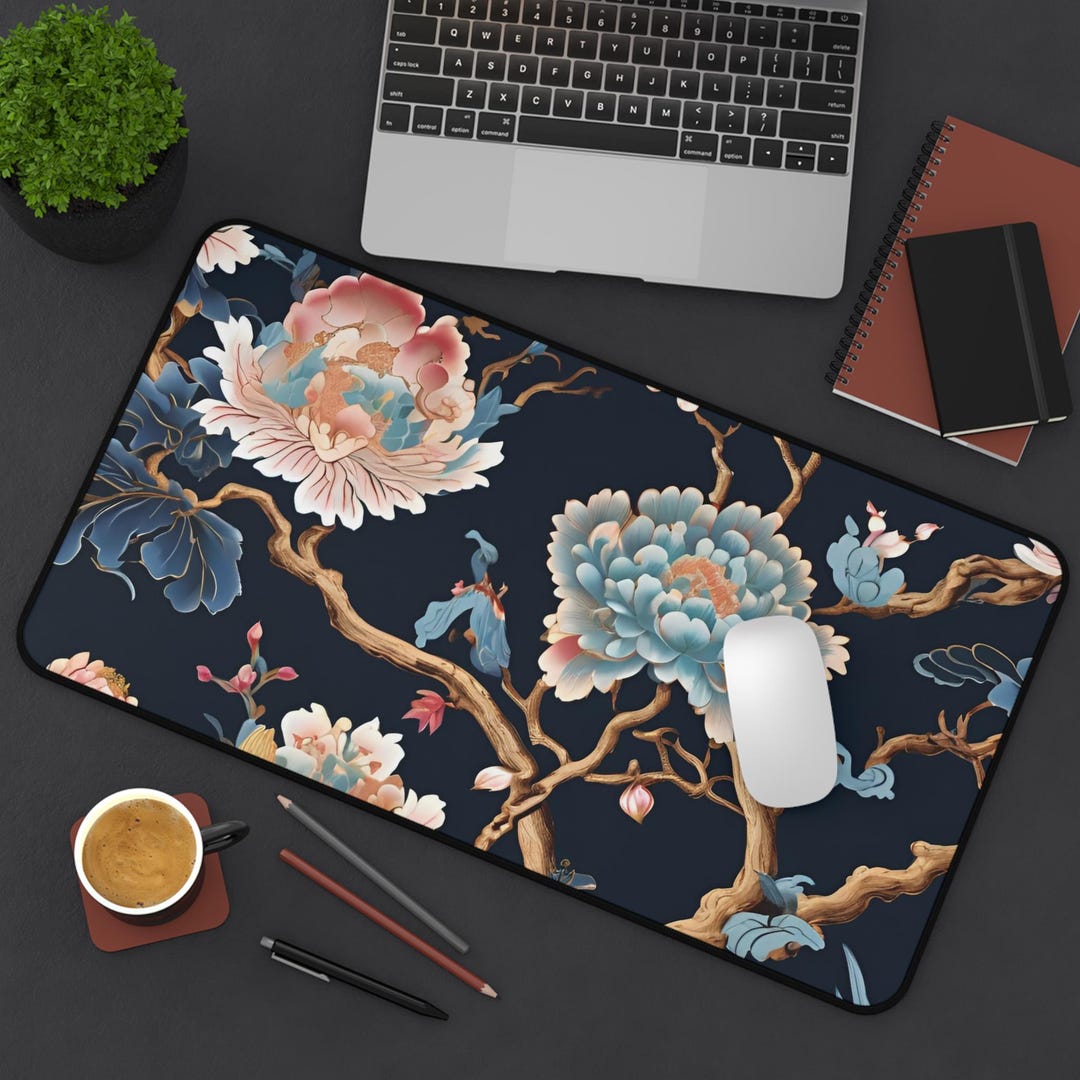 Chinoiserie Desk Mat, Floral Desk Mat, Gaming Playmat, Cute Desk ...