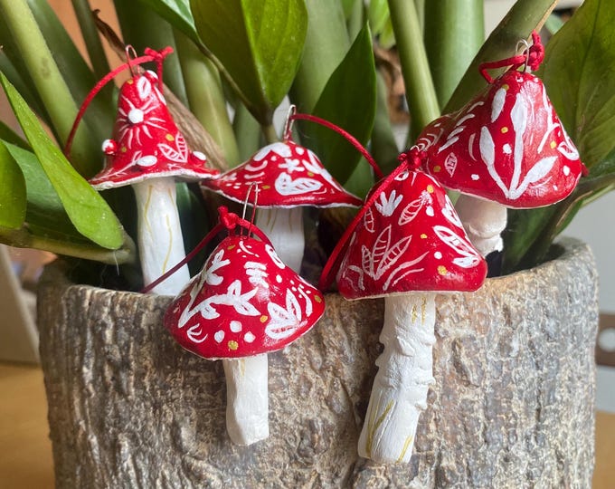 Set of 5 Clay Mushroom Christmas Ornaments, Mushrooms Hanging ...