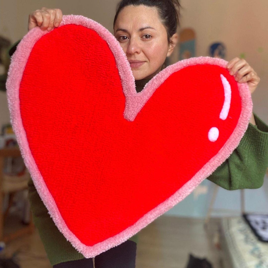 Heart Shaped Tufted Rug, Handmade Love Rug, Red Fluffy Rug With Pink ...
