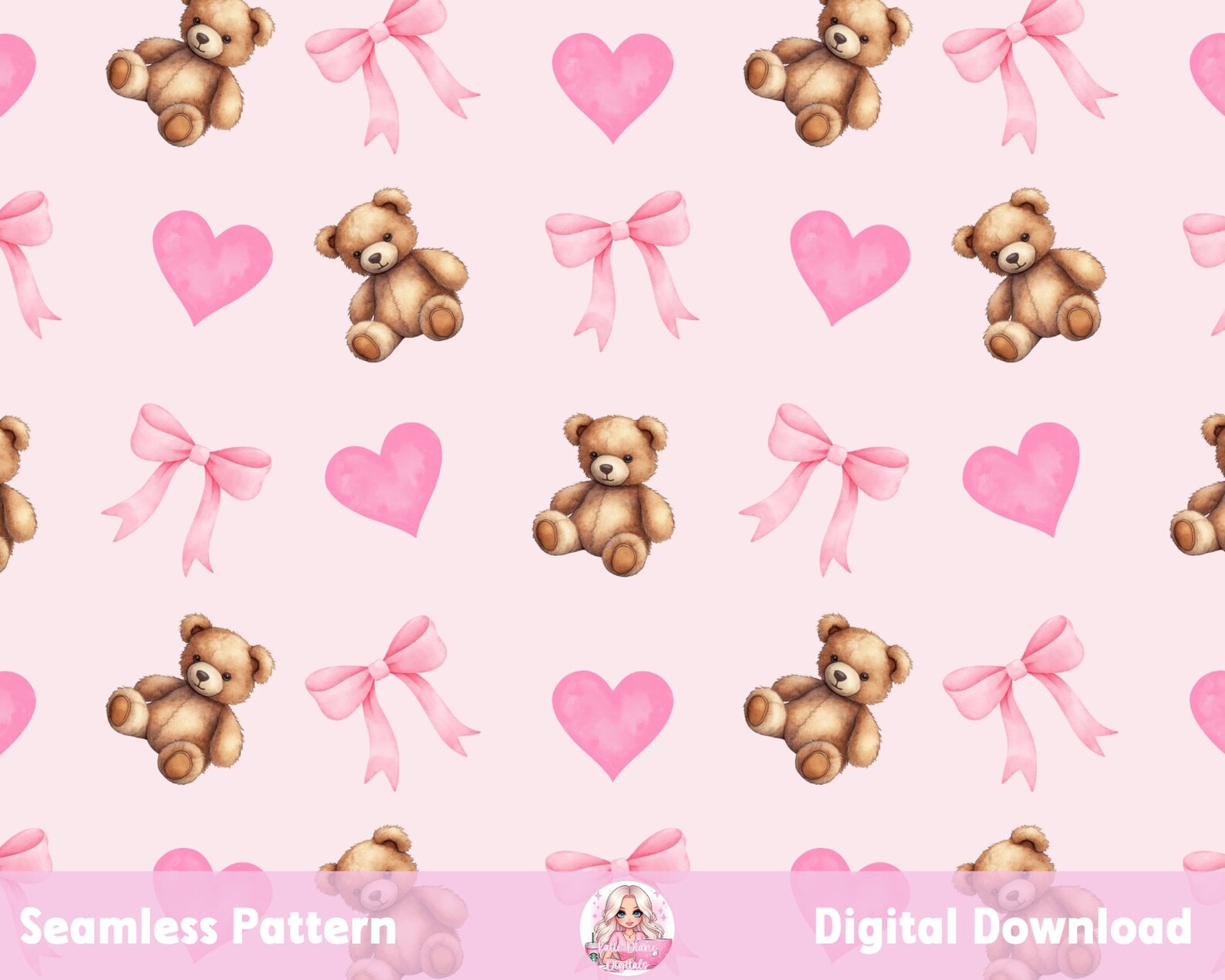 Pink, Teddy Bear, Seamless Pattern, Bow, Coquette, Sublimation Designs ...