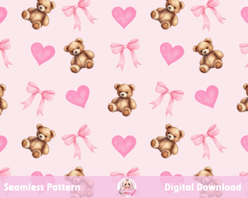 Pink, Teddy Bear, Seamless Pattern, Bow, Coquette, Sublimation Designs ...