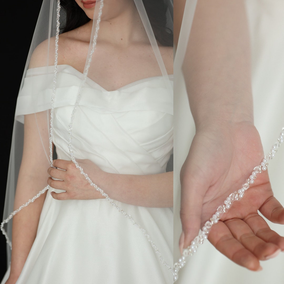 Pearl and Crystal Beaded Veil, Beaded Wedding Veil, Beaded Edge Wedding Veil, Beaded Bridal Veil ...