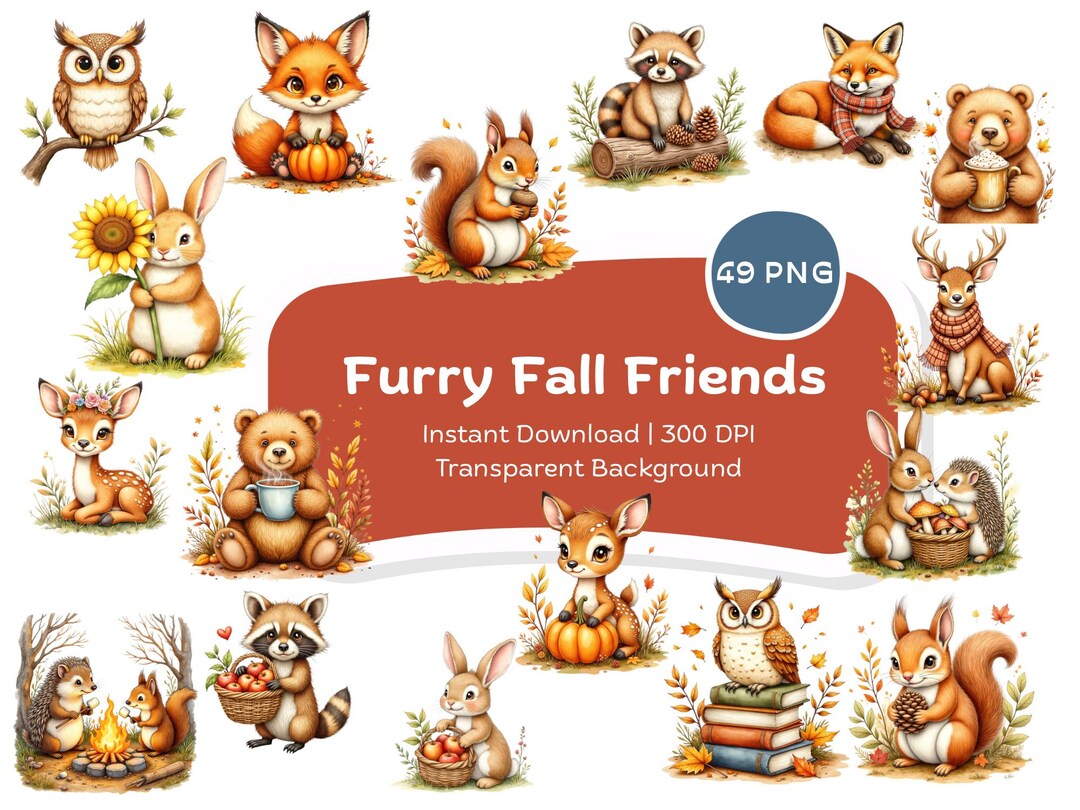 Furry Forest Friends Clipart Bundle | 49 PNG Forest Animal ...