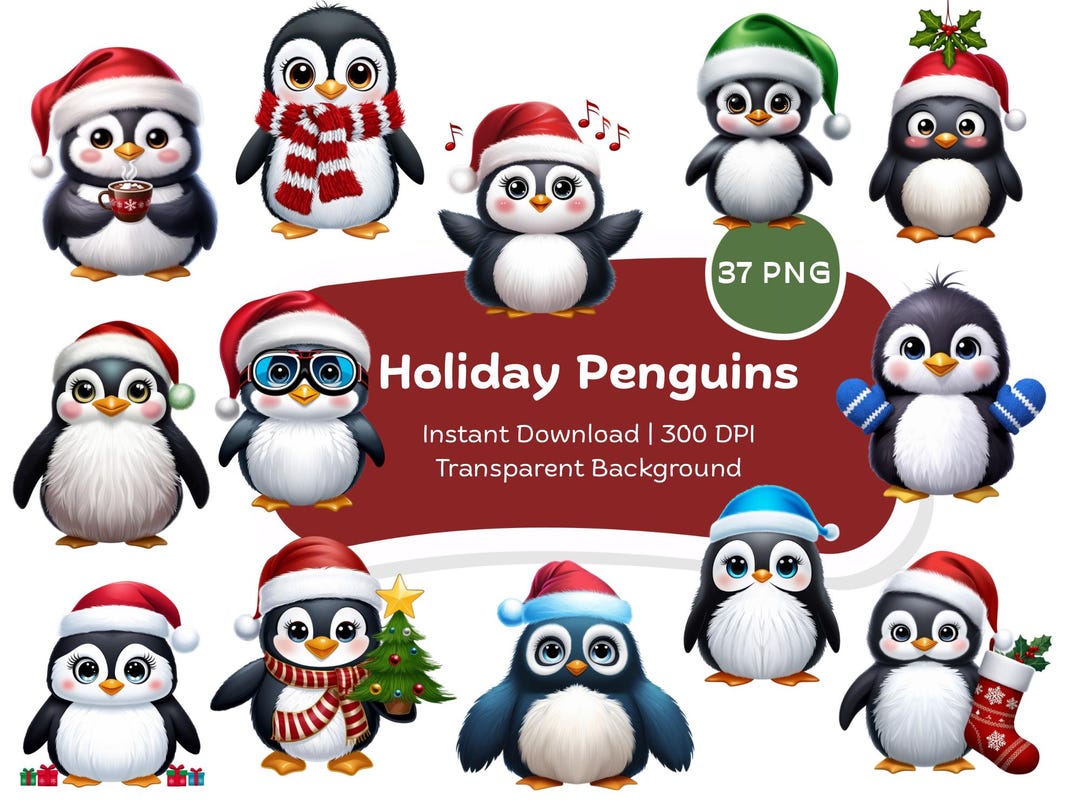 Cute Christmas Penguin Clipart Bundle | Winter Holiday Penguin Pngs ...