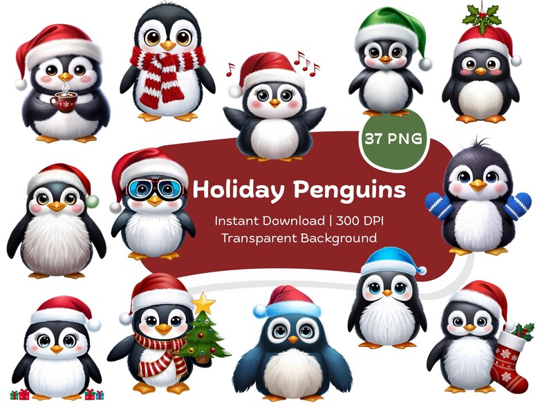 Cute Christmas Penguin Clipart Bundle | Winter Holiday Penguin Pngs ...