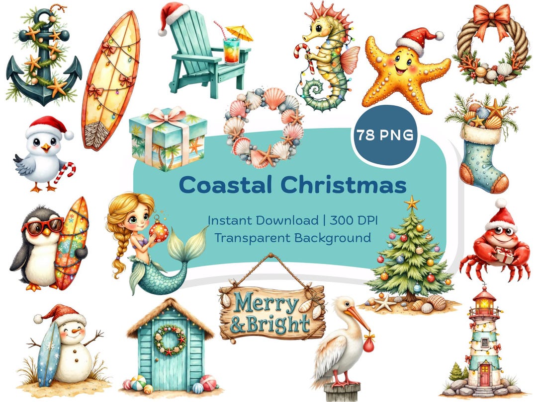 Coastal Christmas Clipart | Beach Christmas PNG Bundle | Tropical ...