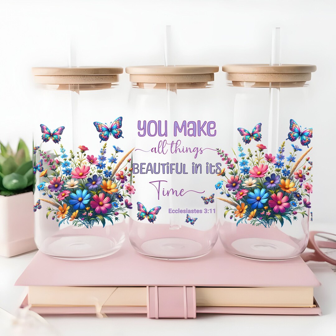 Christian Scripture Cup, 16 Oz Libbey Glass With Lid and Straw, Floral ...