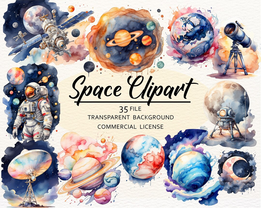 35 Watercolor Space Clipart Set, Galaxy, Astronaut, Transparent PNG ...