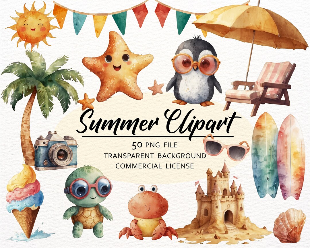50 Bundle Summer Beach Clipart, Tropical Summer Graphics, Nursery Decor ...