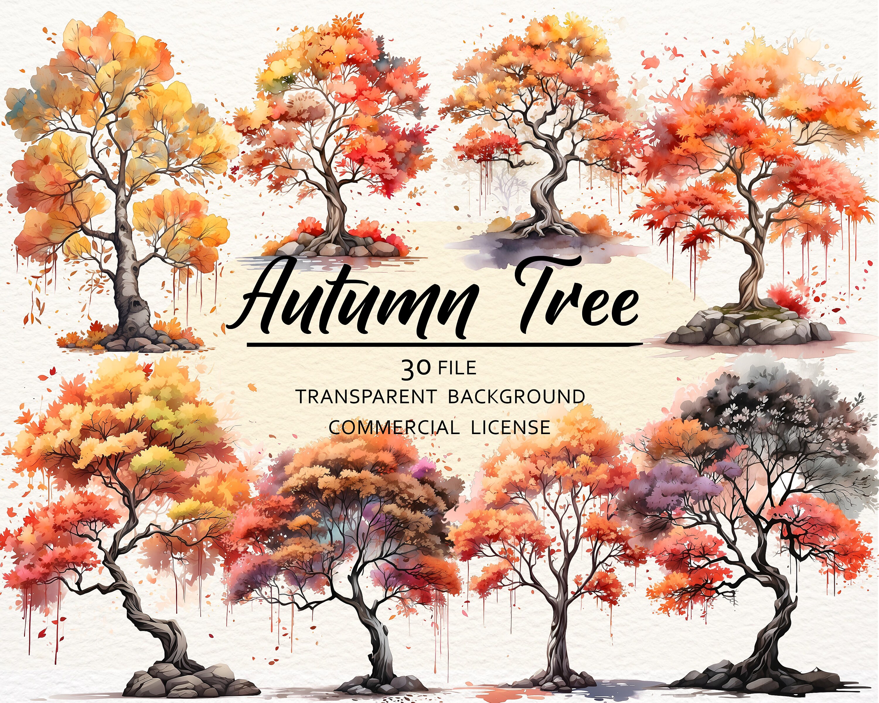 Watercolor Autumn Tree Clipart Set, Nature Fall Foliage, Seasonal ...