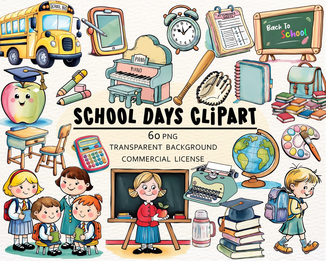 Cute Back to School Clip Art Set, School Supplies, Student Clipart ...