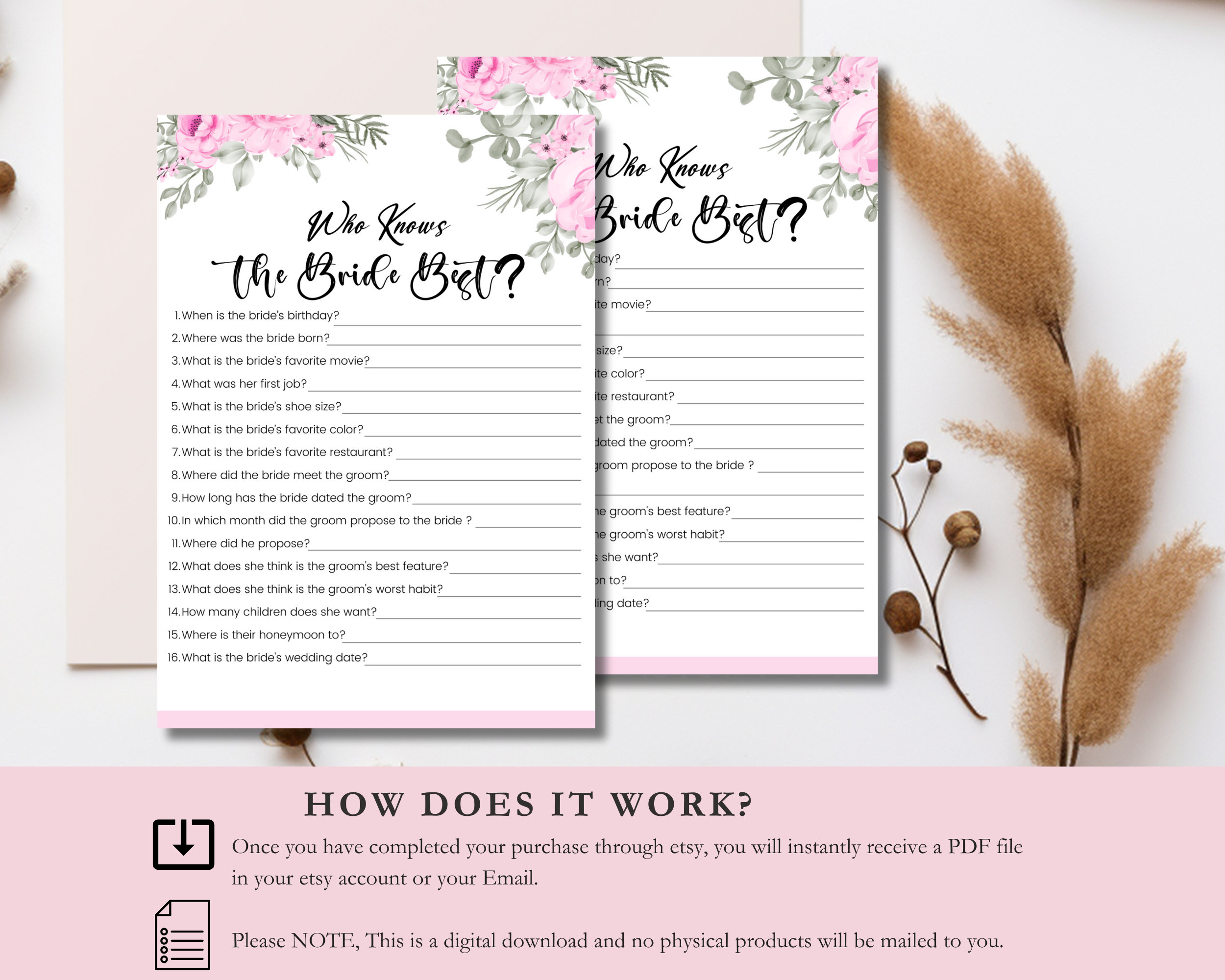 Bridal Shower Game Card Template, Wedding Shower Activity, Printable ...