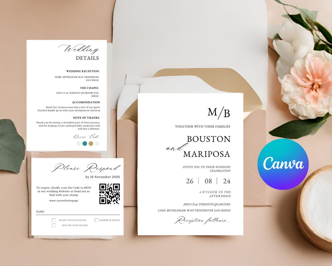 Editable Wedding Invitation With QR Code Minimalist Invitation Template ...