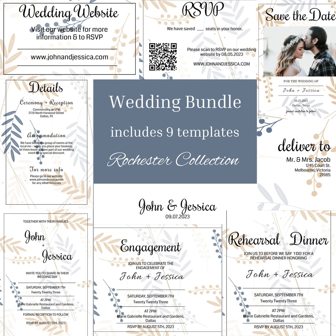 Wedding Template Bundle, Printable Invitation, Minimalist Wedding, Modern Wedding, Templett ...