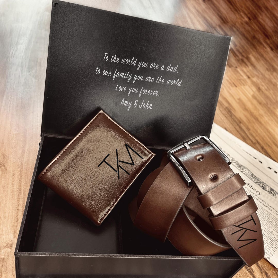 Custom Men Wallet and Belt Gift Set With Personalized Black Wooden Box ...