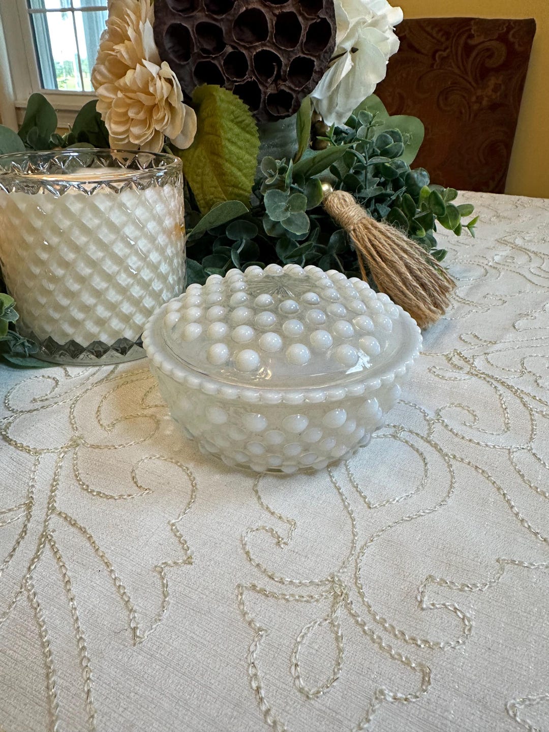 Vintage Anchor Hocking Moonstone Opalescent Powder Jar, Depression ...