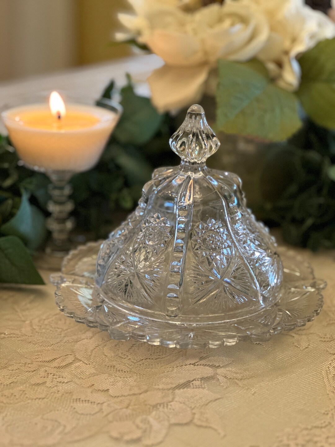 Vintage EAPG Cut Glass Hobstar Pattern, Butter Dish Rare, Housewarming ...