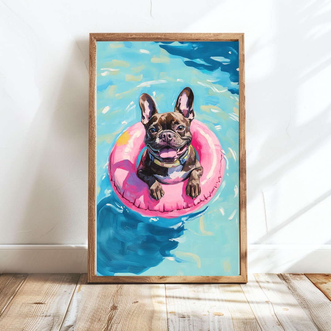 Dog Art Prints Frenchie Print Pool House Decor Funny Pet Portrait ...