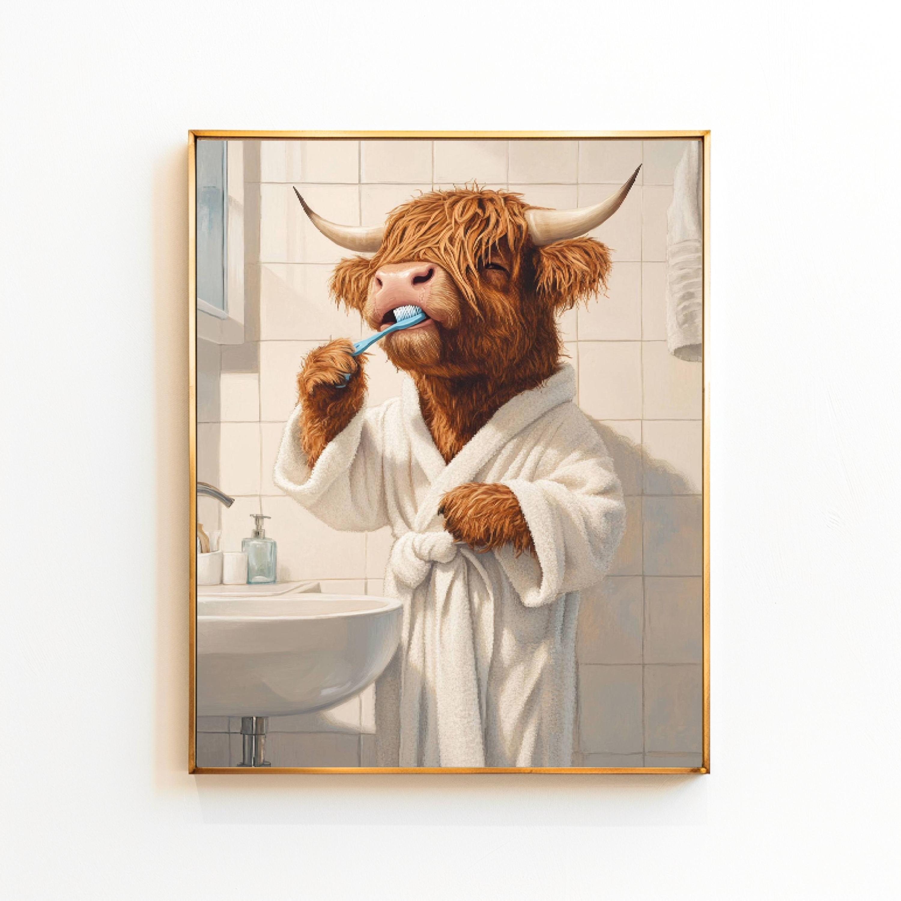Highland Cow Brushing Teeth Bathroom Wall Art Funny Animal Print ...