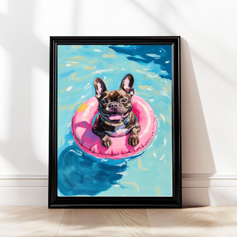 Dog Art Prints Frenchie Print Pool House Decor Funny Pet Portrait ...