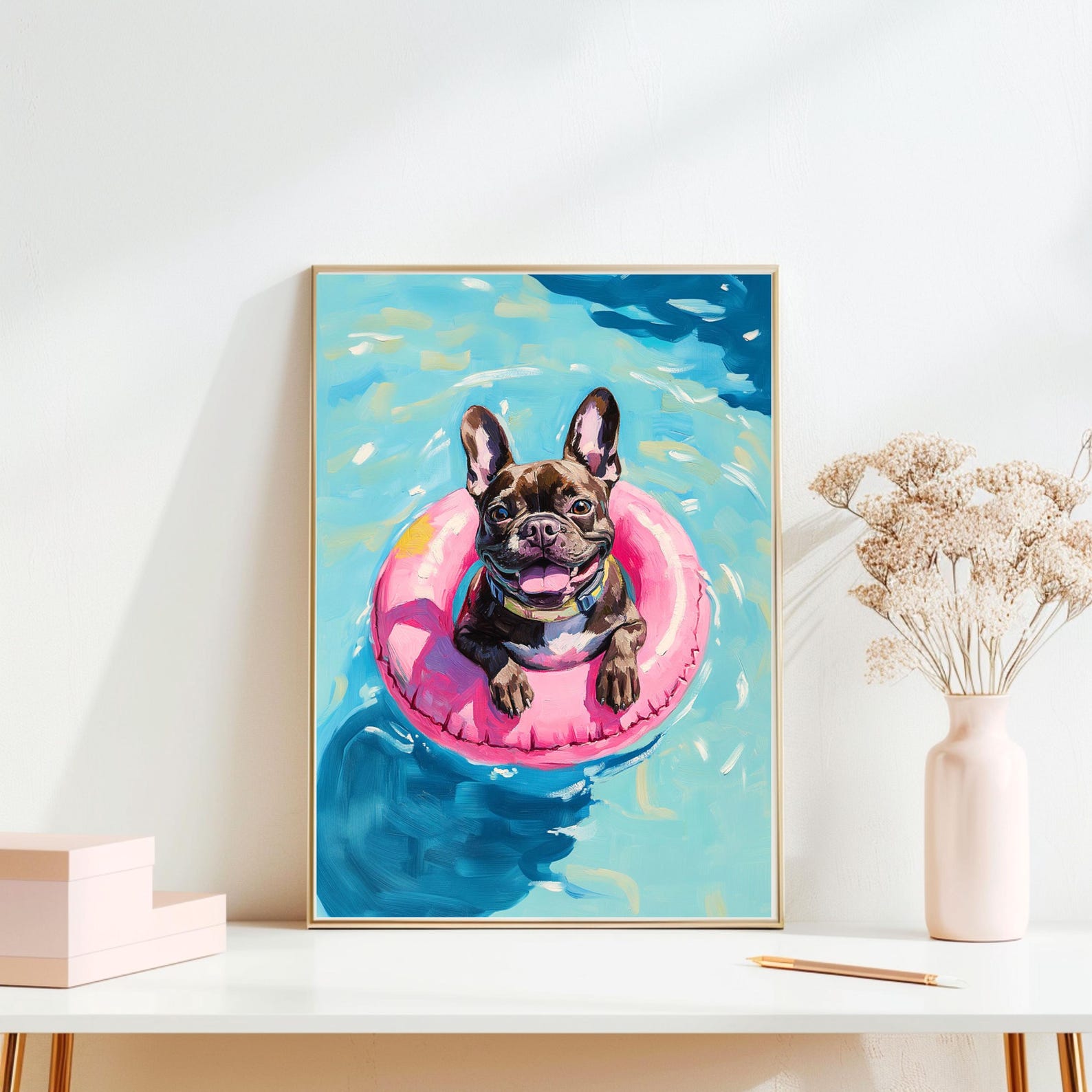 Dog Art Prints Frenchie Print Pool House Decor Funny Pet Portrait ...