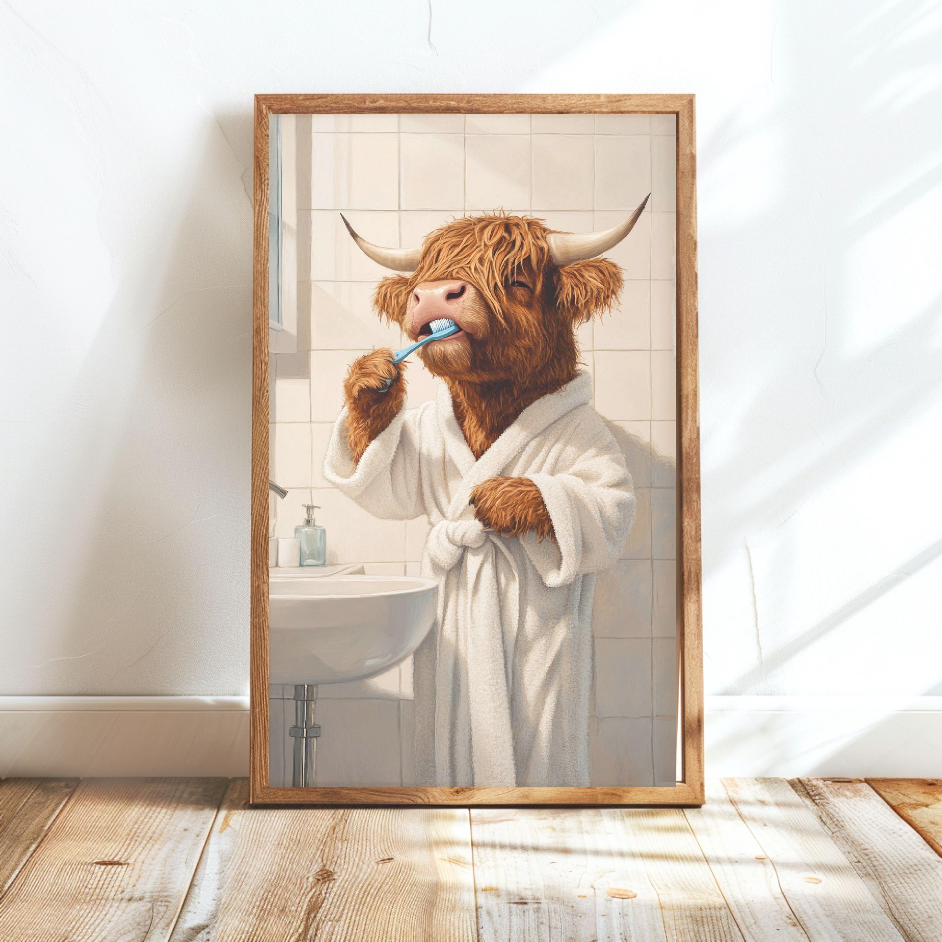 Highland Cow Brushing Teeth Bathroom Wall Art Funny Animal Print ...
