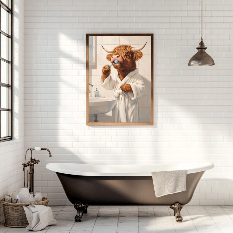 Highland Cow Brushing Teeth Bathroom Wall Art Funny Animal Print ...